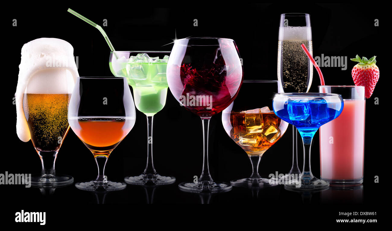 different alcohol drinks set - beer, wine, cocktail,juice, champagne ...