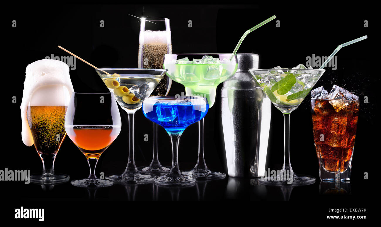 different alcohol drinks set - beer, wine, cocktail,juice, champagne ...