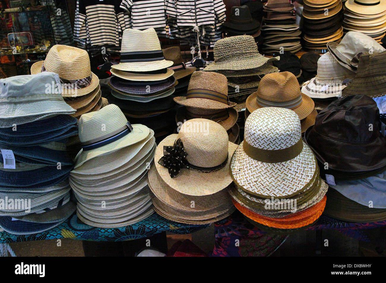 Ladies' and men's summer hats on display in l'Etretat, Normandy, France ...
