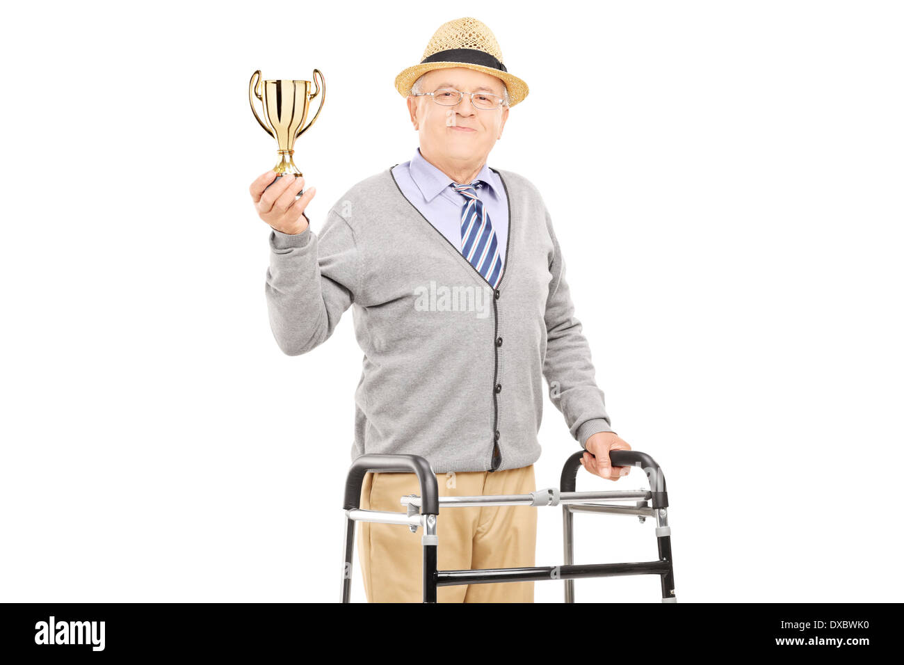 Elderly gentleman with walker holding a gold cup Stock Photo - Alamy