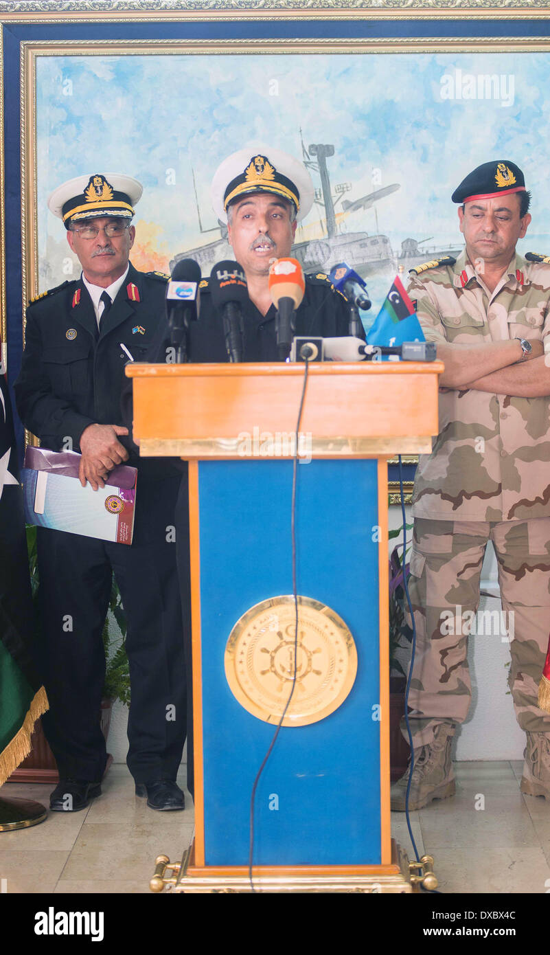 Tripoli, Libya. 23rd Mar, 2014. An officer from Libyan Navy addresses ...
