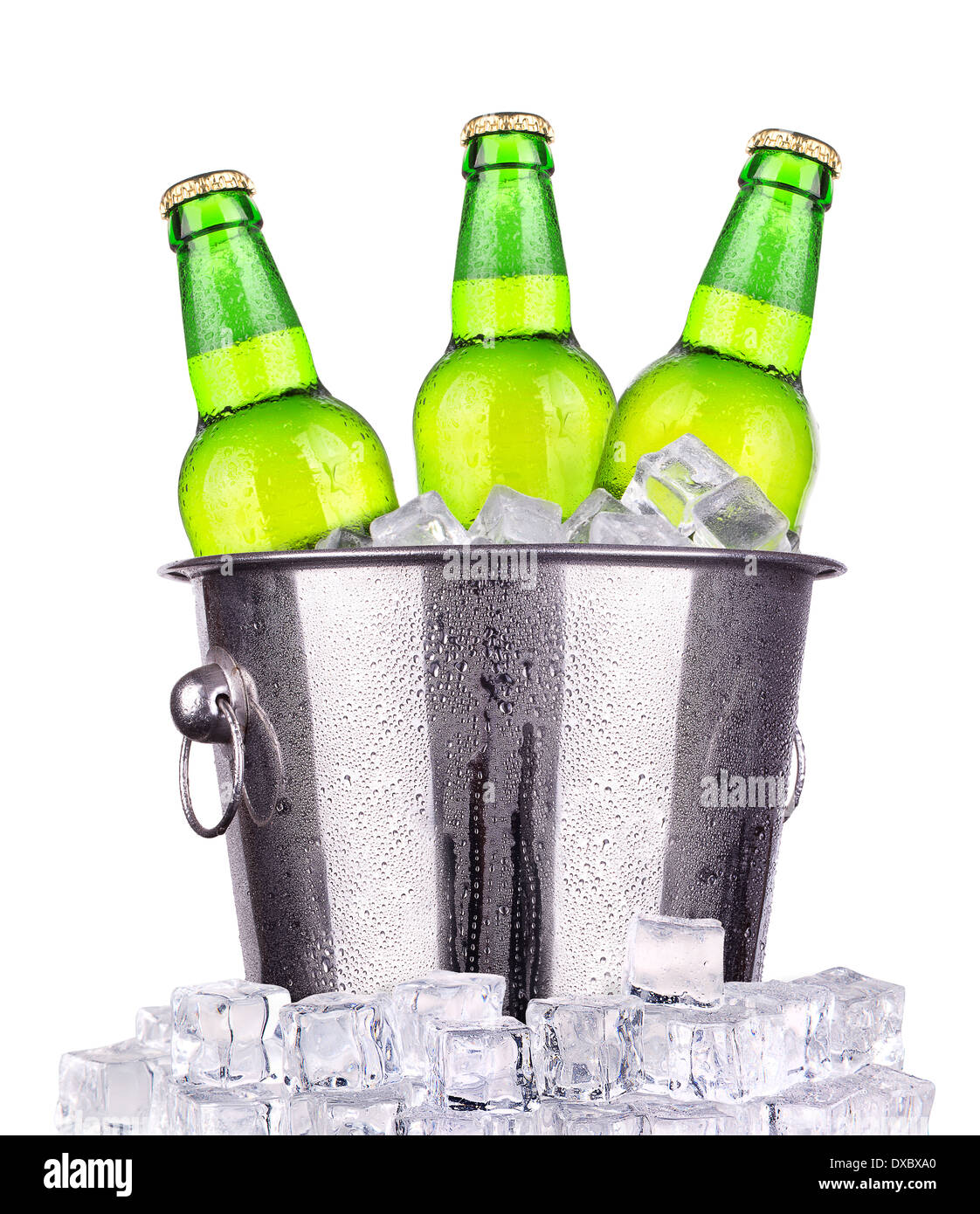Beer bottles in ice bucket isolated on white Stock Photo - Alamy