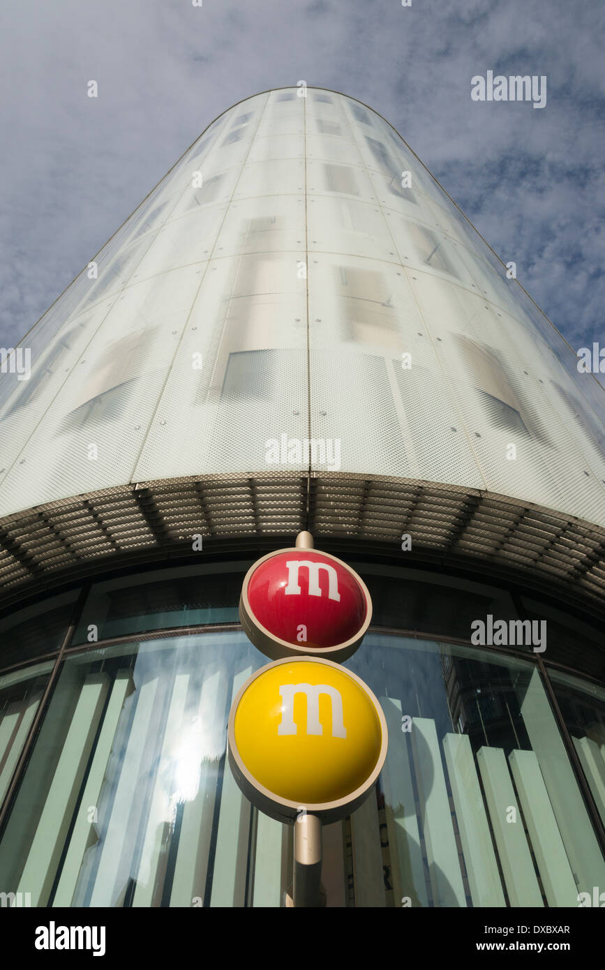The M and M World building in London showing the logo and modern glass ...