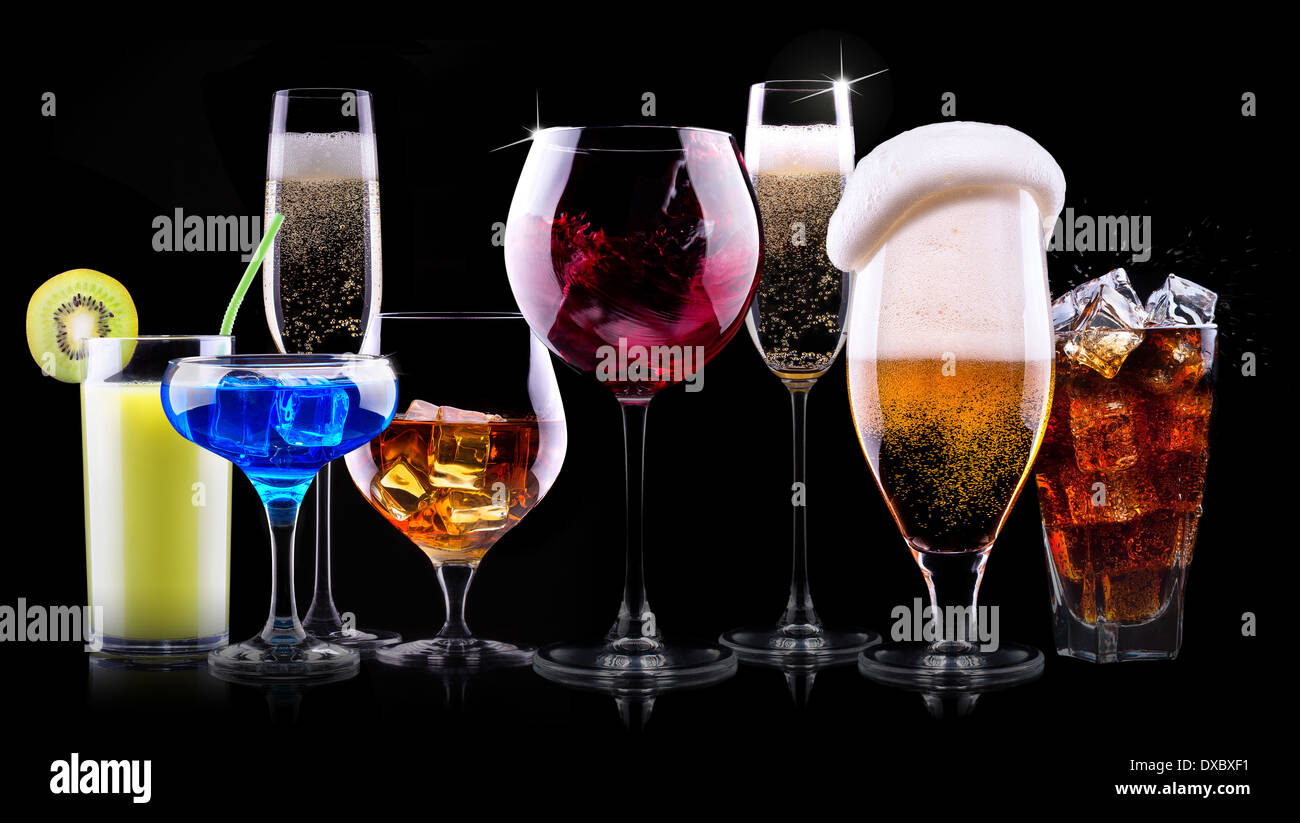 different alcohol drinks set - beer, wine, cocktail,juice, champagne ...