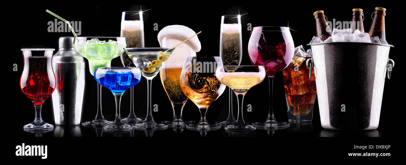 different alcohol drinks set - beer, wine, cocktail,juice, champagne ...