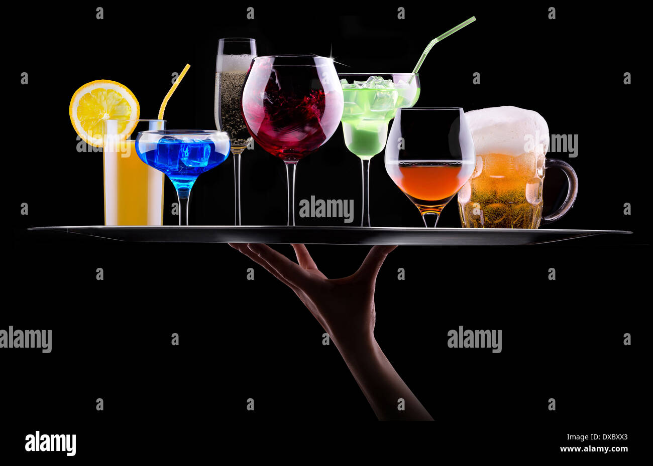 different alcohol drinks set on a tray - beer, wine, cocktail,juice ...
