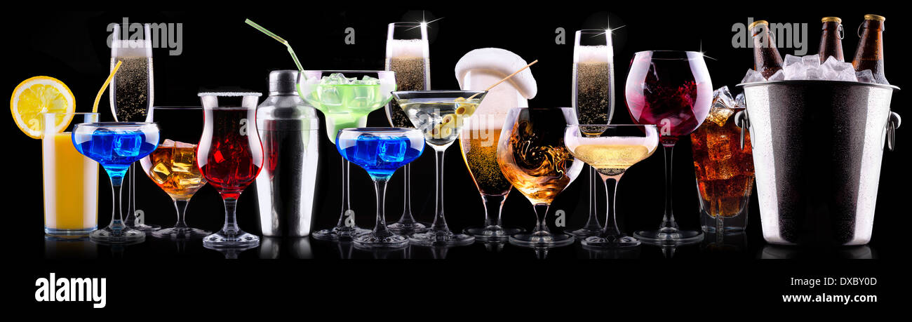different alcohol drinks set - beer, wine, cocktail,juice, champagne ...
