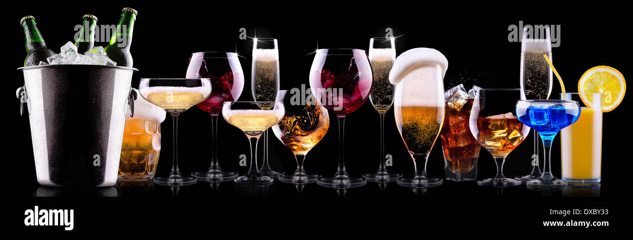 different alcohol drinks set - beer, wine, cocktail,juice, champagne ...