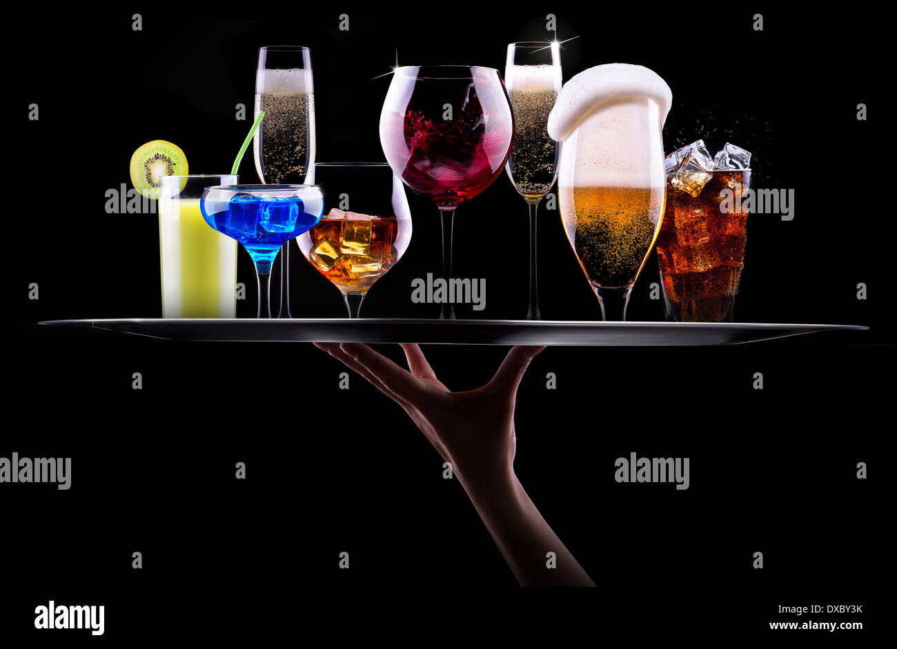 different alcohol drinks set on a tray - beer, wine, cocktail,juice ...