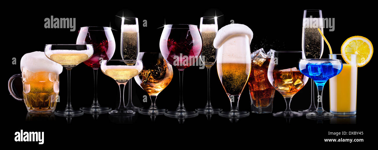 different alcohol drinks set - beer, wine, cocktail,juice, champagne ...
