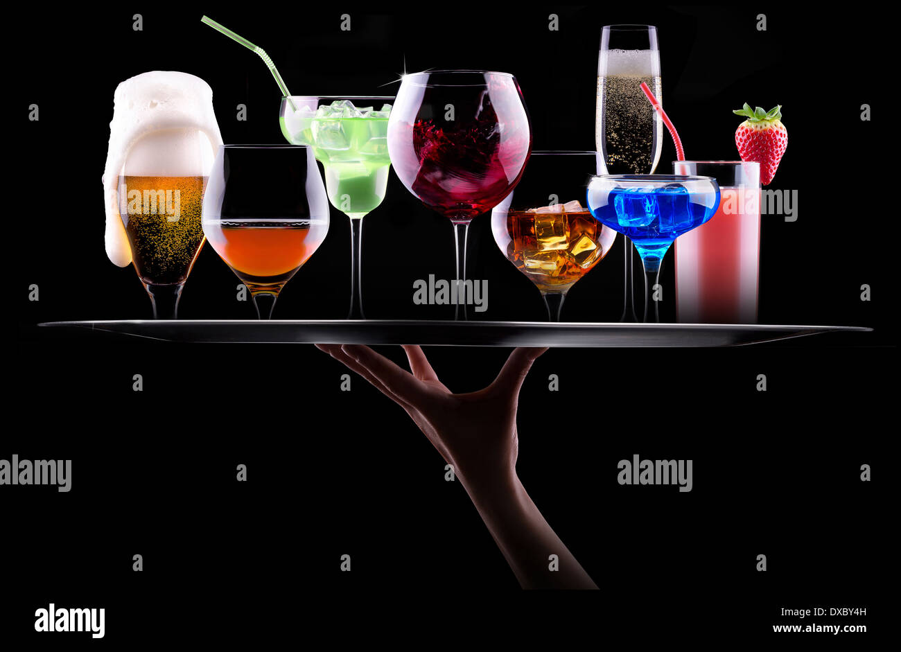 different alcohol drinks set on a tray - beer, wine, cocktail,juice ...