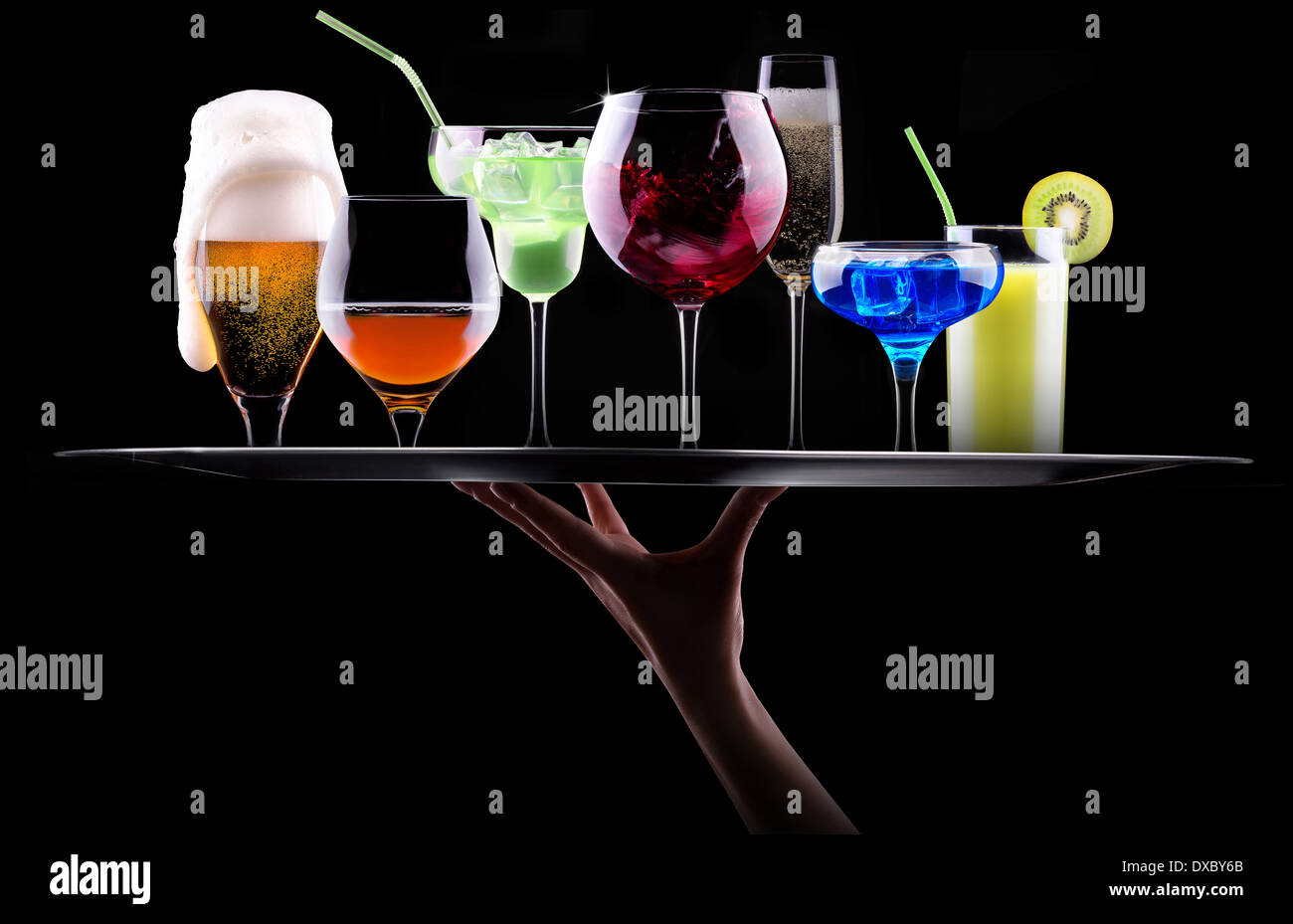 different alcohol drinks set on a tray - beer, wine, cocktail,juice ...