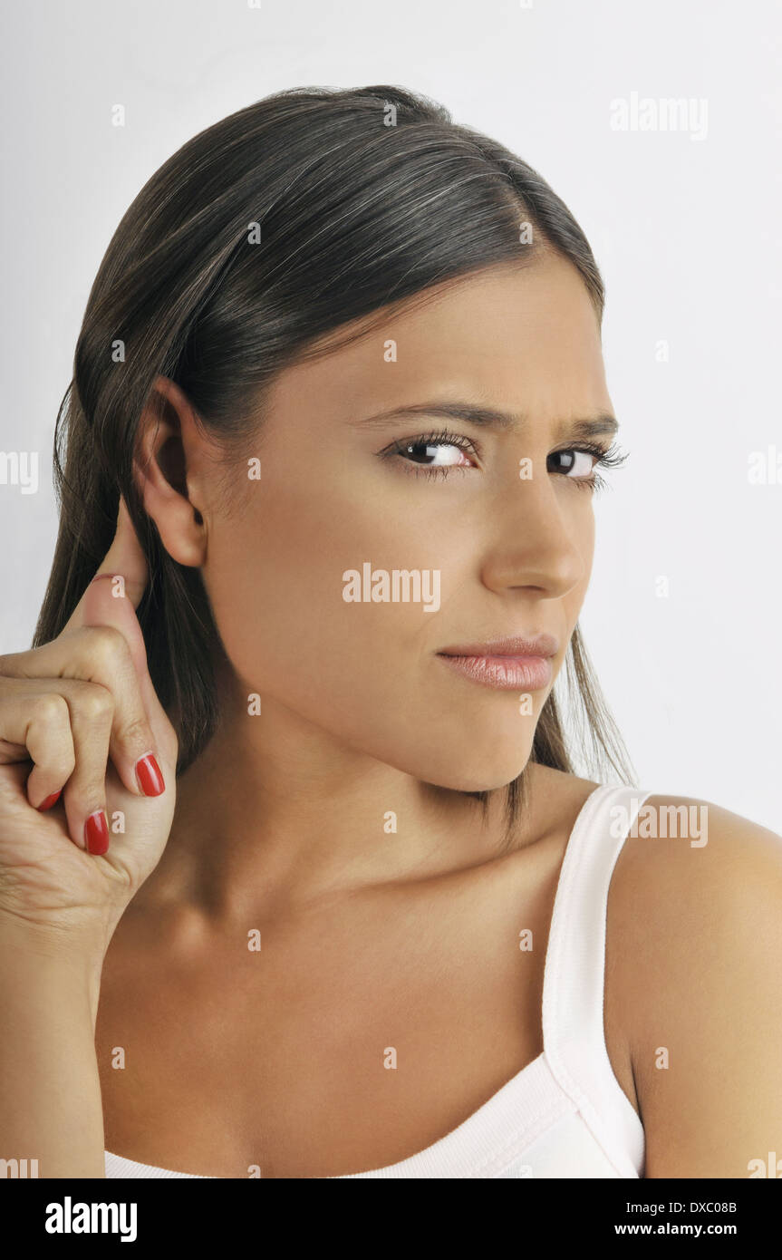 Woman straining ear hi-res stock photography and images - Alamy