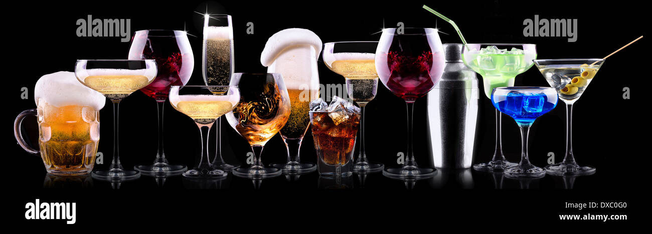 different alcohol drinks set - beer, wine, cocktail,juice, champagne ...