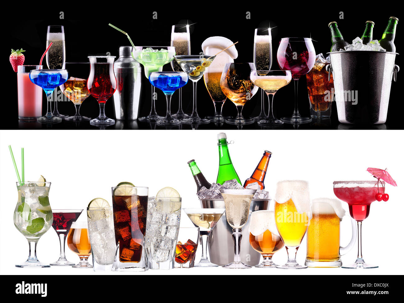 different alcohol drinks set - beer, wine, cocktail,juice, champagne ...