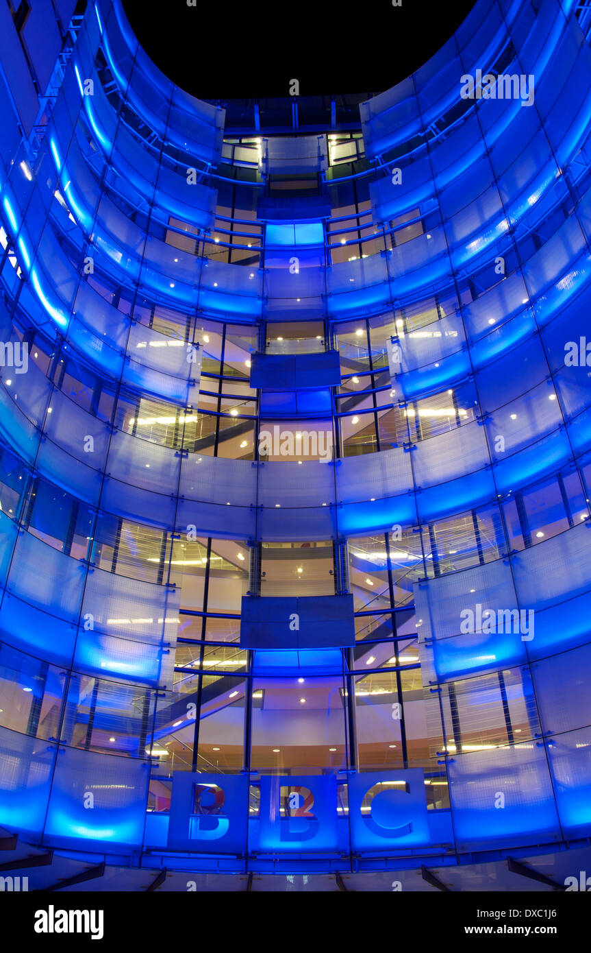Broadcast television. The modern curved glass windows of the new ...