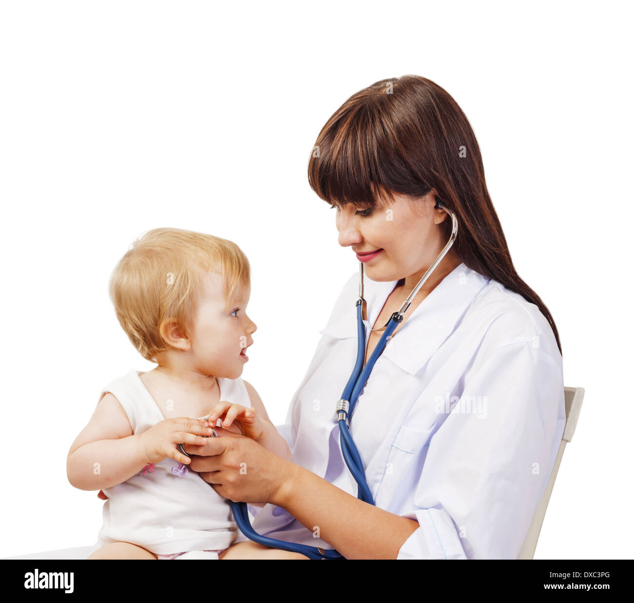 Pediatrician woman doctor with baby girl patient on white background ...