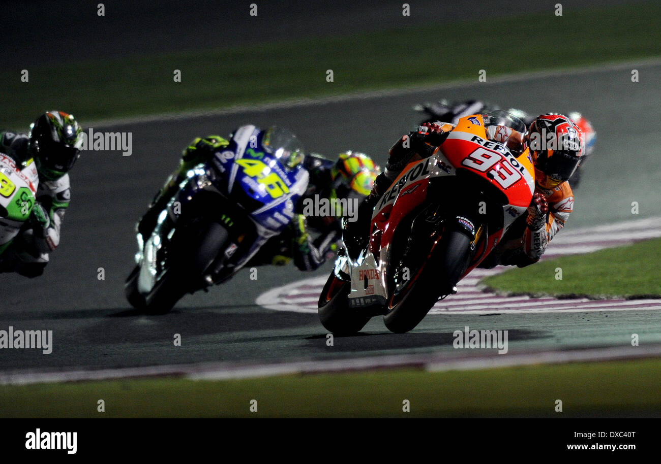 Doha, Qatar. 23rd Mar, 2014. Honda MotoGP Spanish rider Marc Marquez (R ...