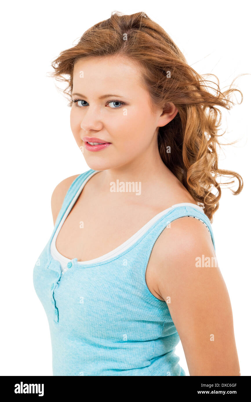 young teenager girl smiling having fun portrait blue shirt Stock Photo ...