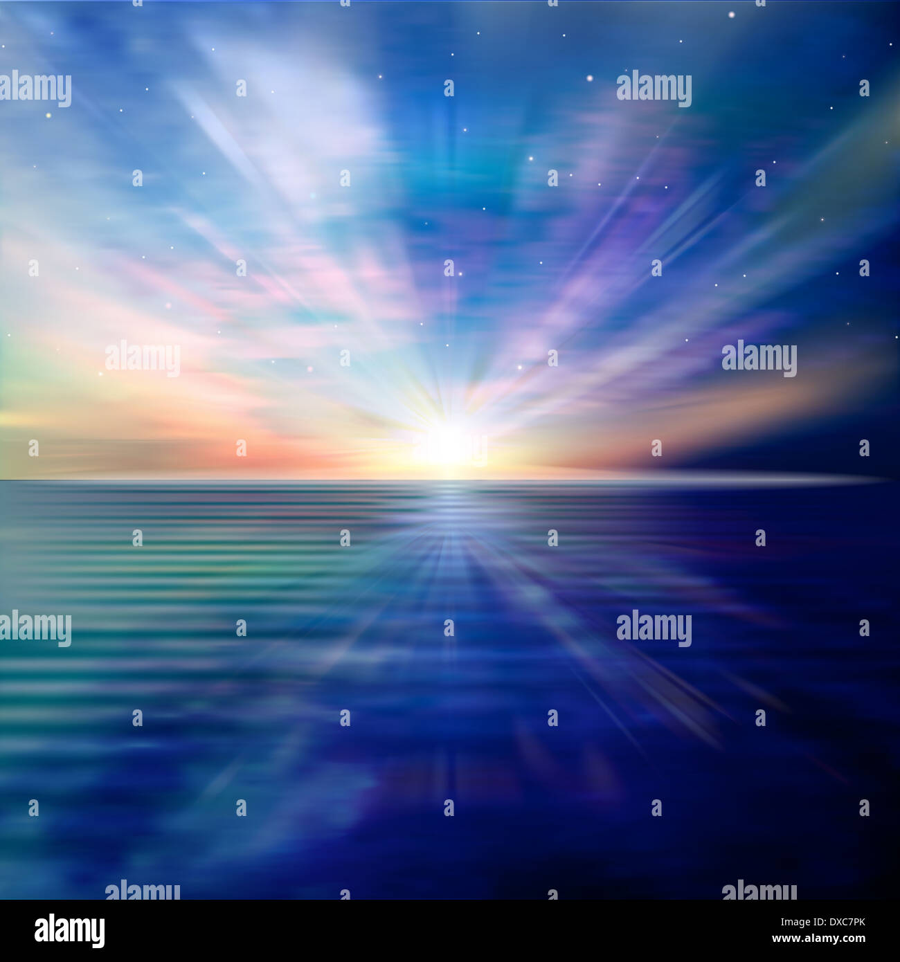 abstract blue nature background with ocean sunrise clouds and stars ...