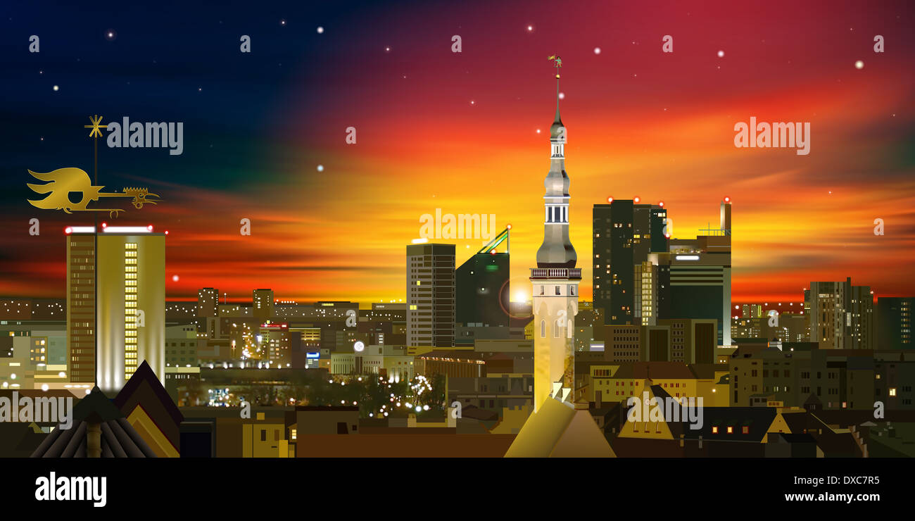 abstract city background with red sunset and cityscape Stock Photo - Alamy