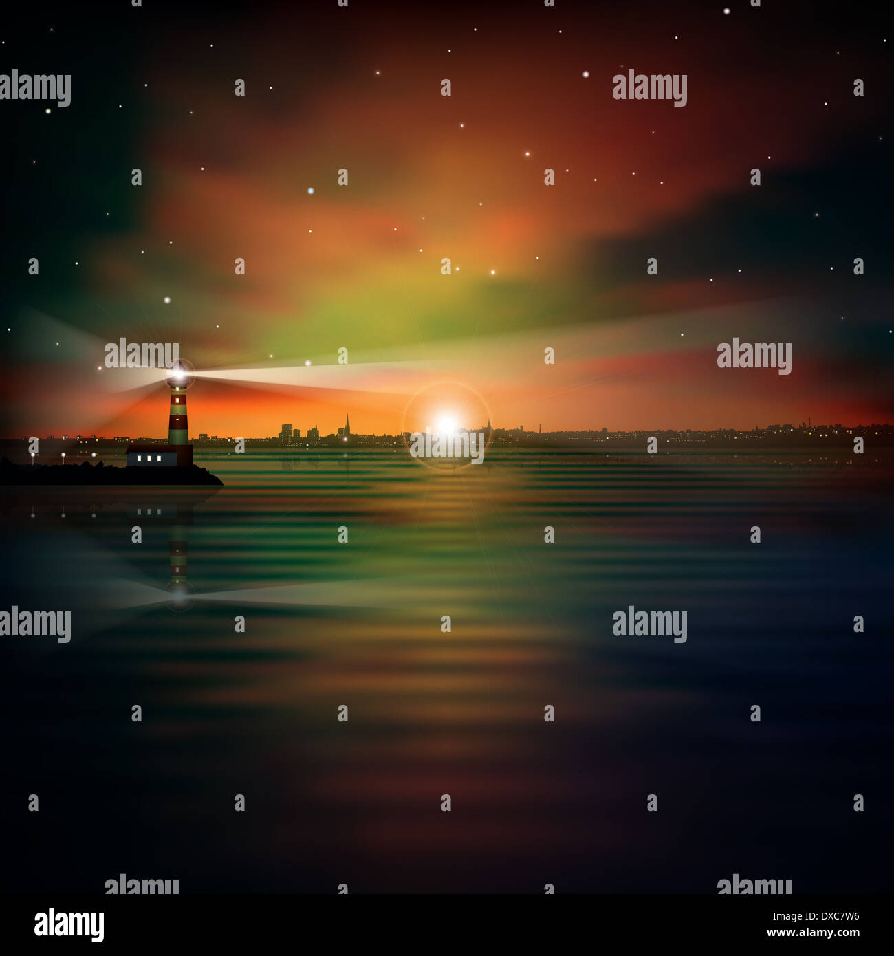 abstract night background with silhouette of city and lighthouse Stock ...