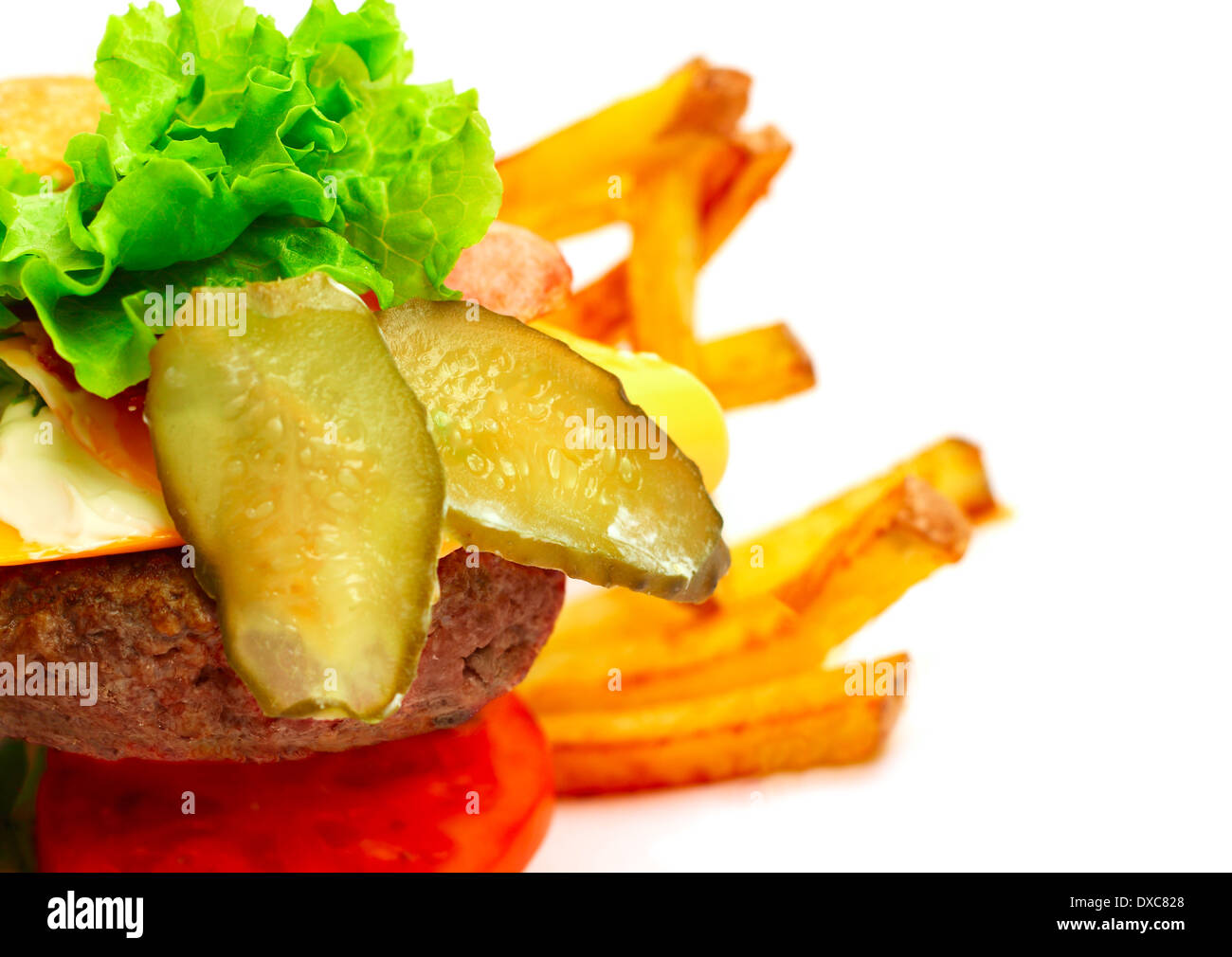 Exploded view of hamburger with french fries isolated on white ...