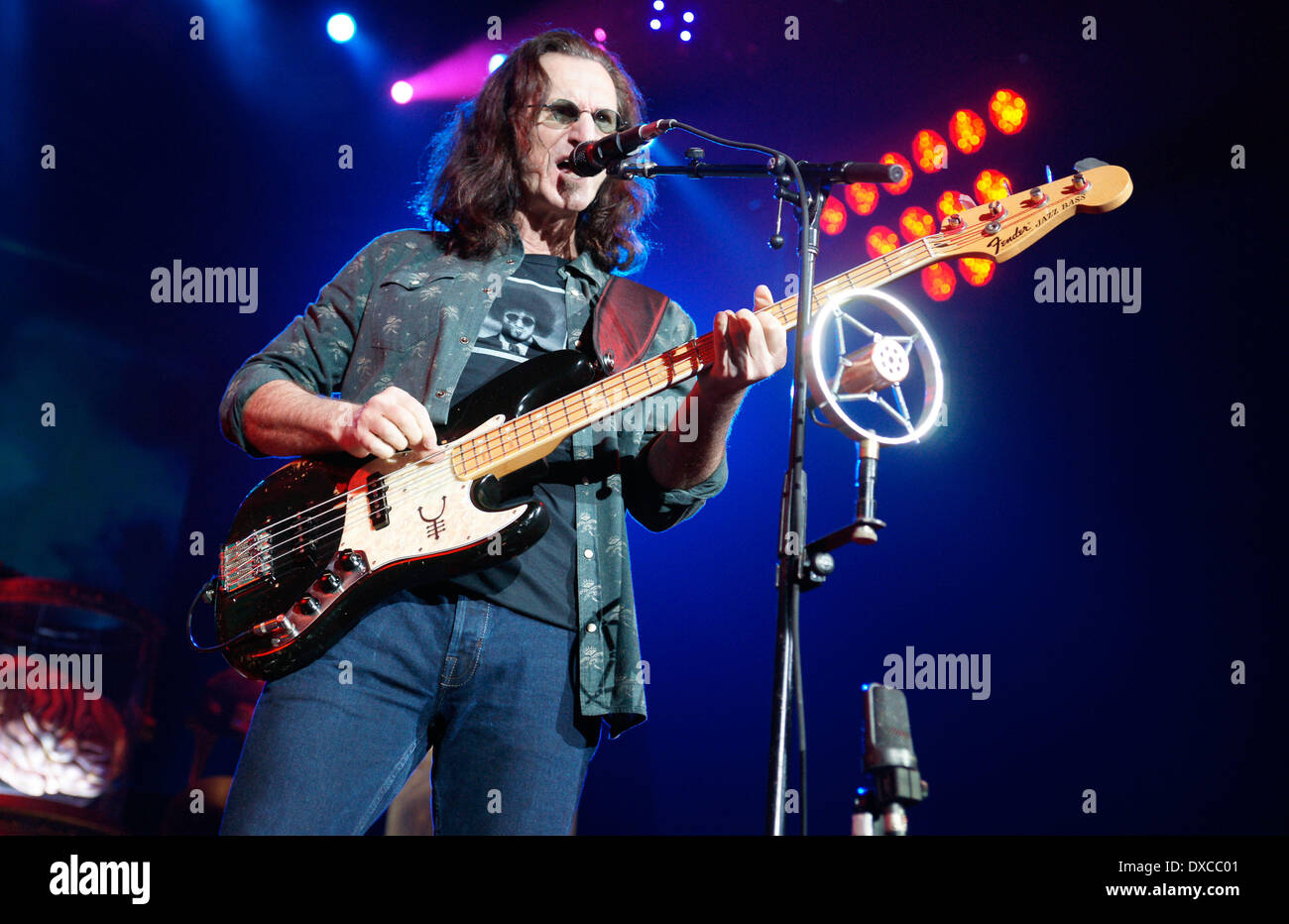 Geddy Lee of Rush, performing at AT&T Center in San Antonio, during the ...