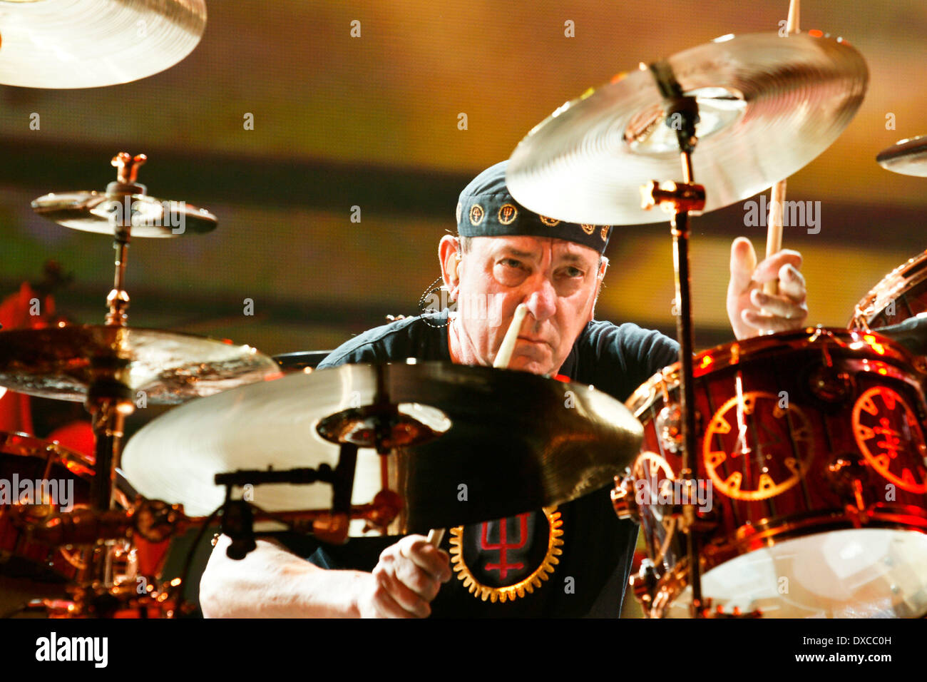 Neil Peart of Rush, performing at AT&T Center in San Antonio, during ...