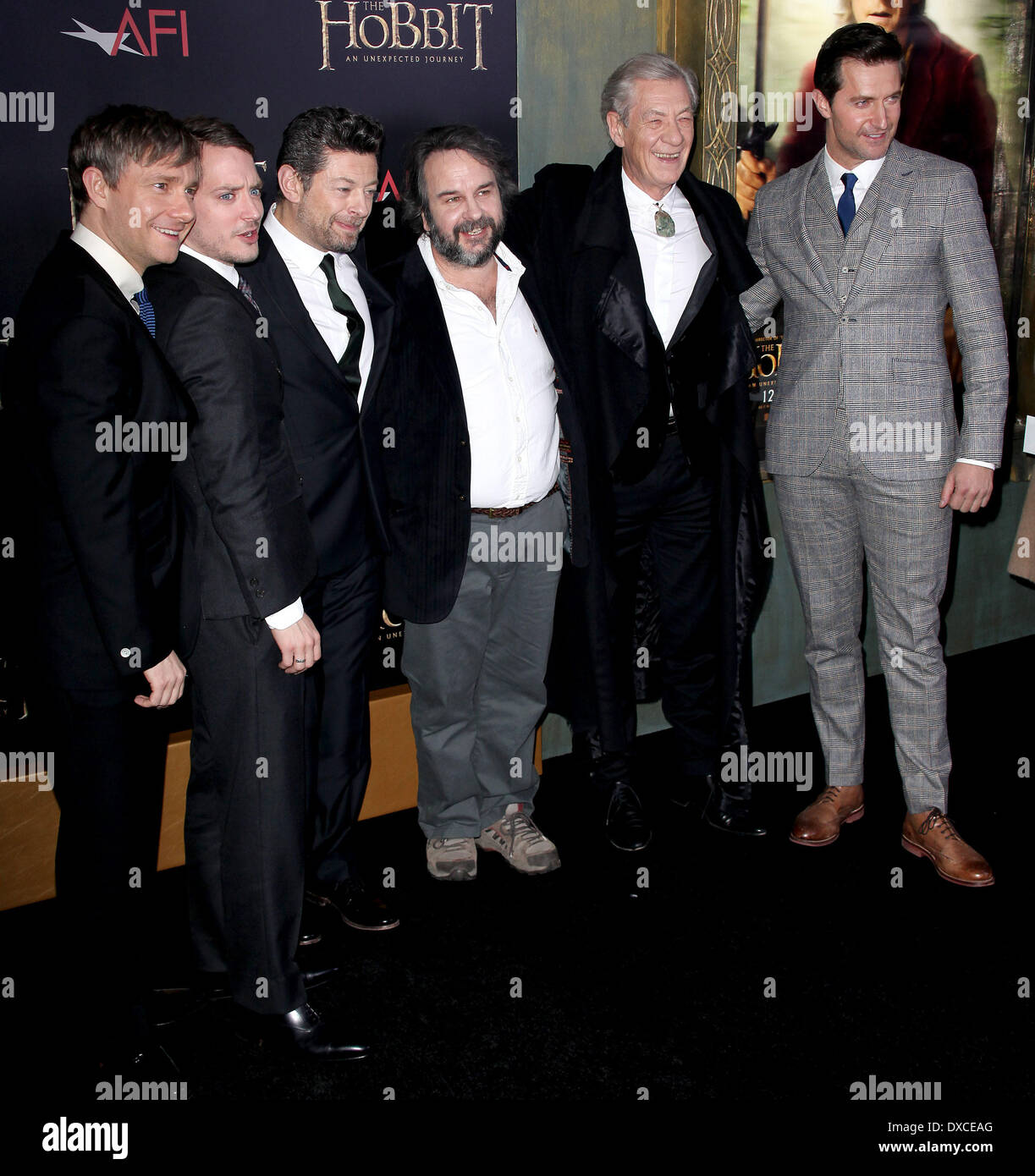 (L-R) Actors Martin Freeman, Elijah Wood, Andy Serkis, director Peter ...