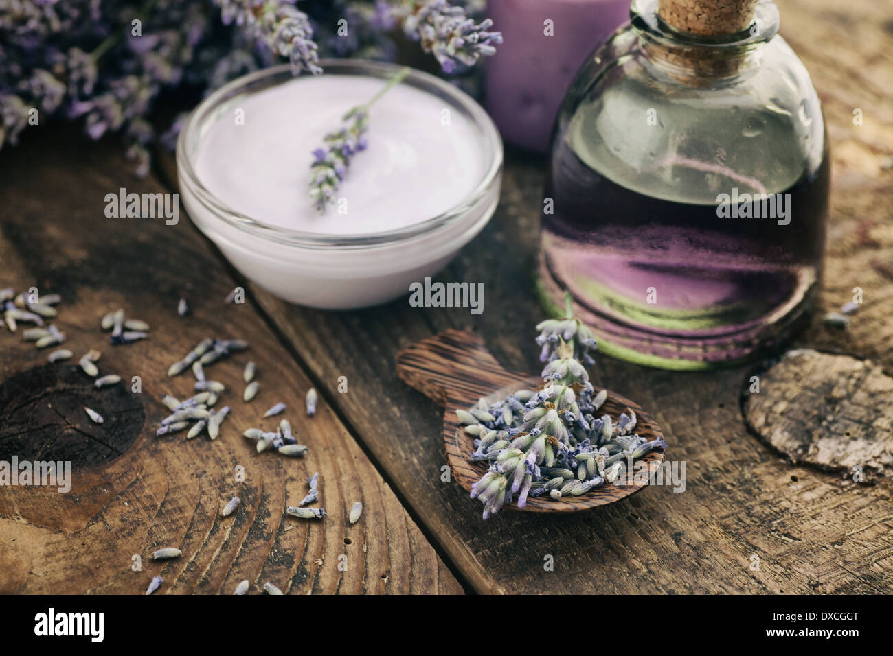 Lavender spa setting. Wellness theme with lavender products Stock Photo ...