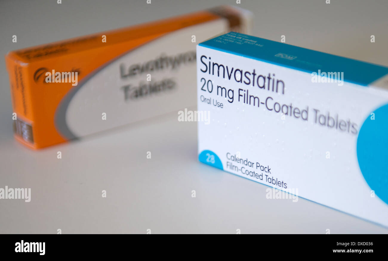 Boxes of simvastatin statins tablets and levothyroxene thyroid tablets ...