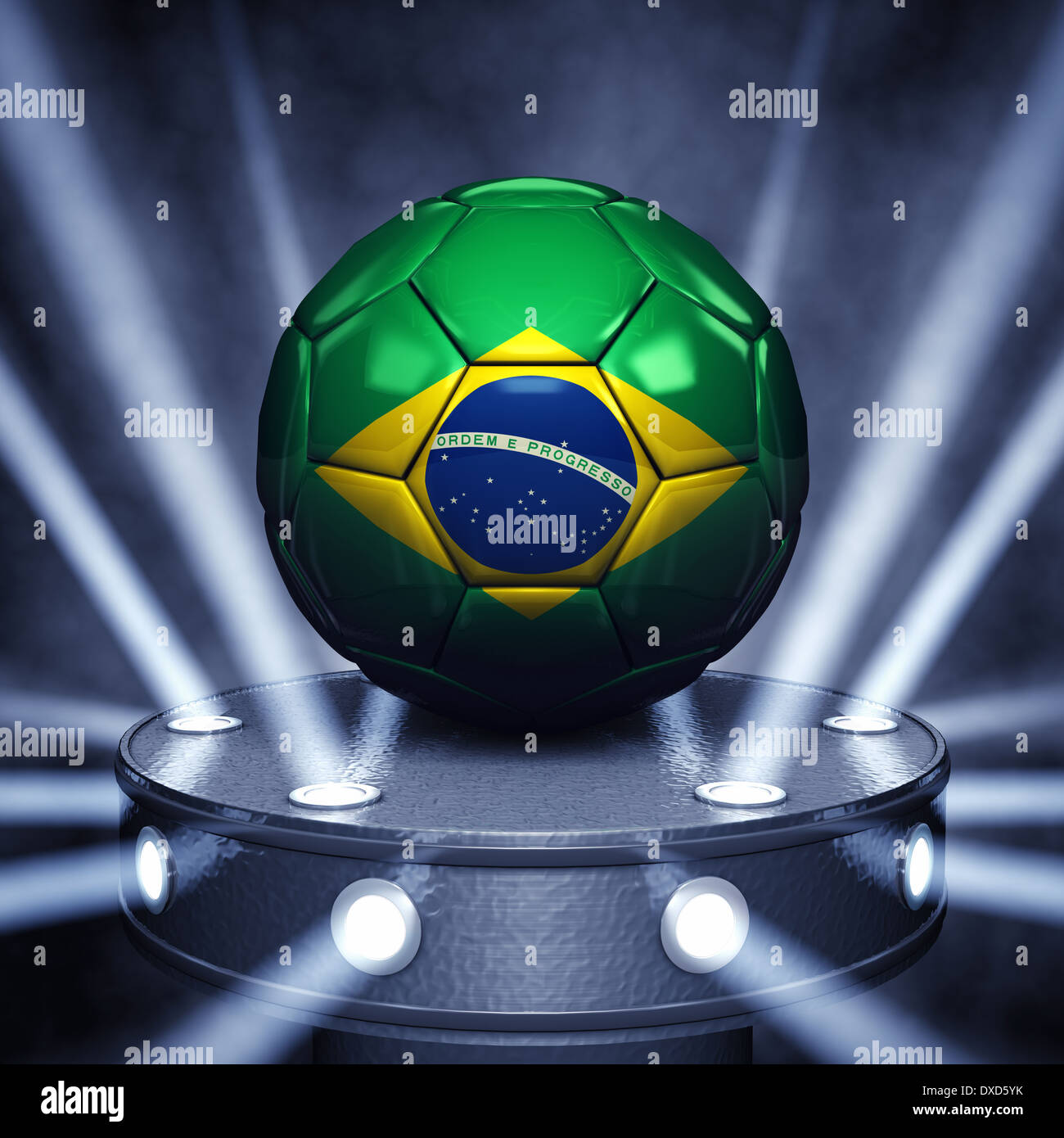 Soccer ball with brazilian flag on display with spotlights Stock Photo ...
