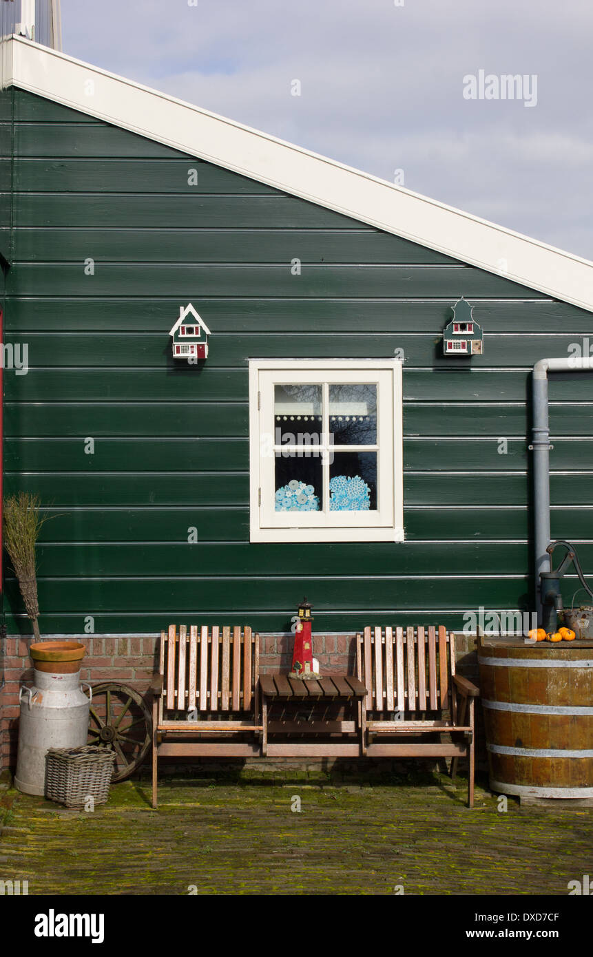 Detail of traditional green painted dutch wooden house at Marken ...