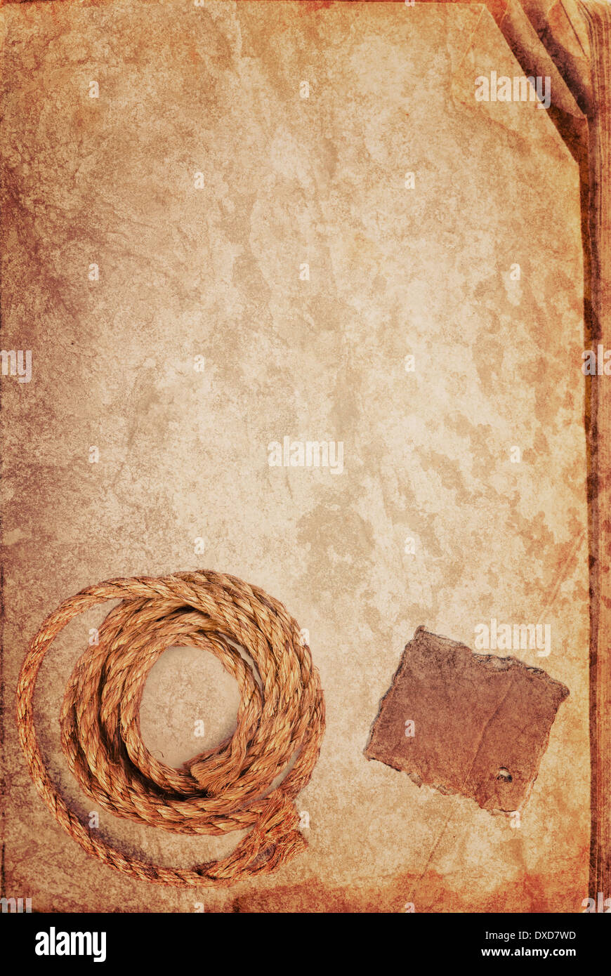 Grunge texture of old book paper sheet , hemp rope and cardboard blank ...