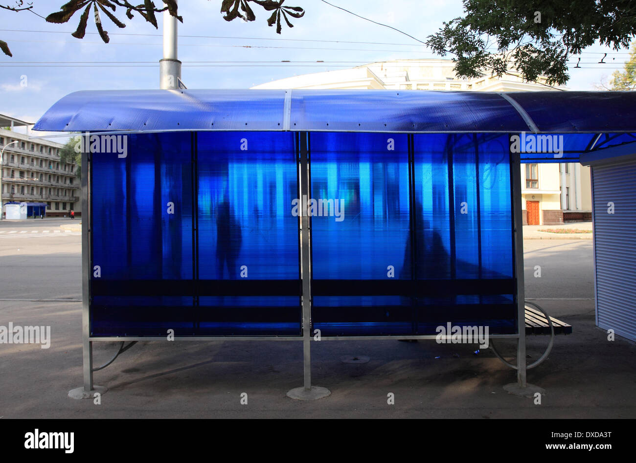 A bus stop made of blue plastic material in Tiraspol, the capital of ...