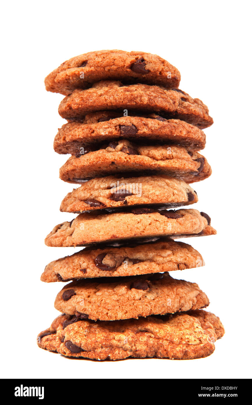 A stack of chocolate chip cookies isolated on white background ...