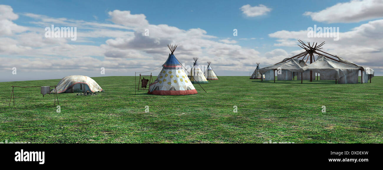 3D digital render of a native american village, panorama view Stock ...