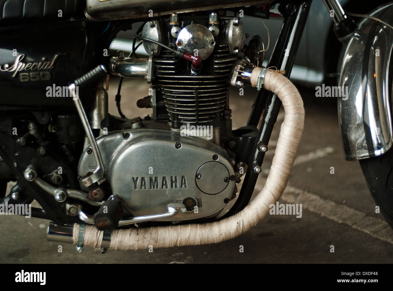 Classic Yamaha motorbike engine and exhaust Stock Photo - Alamy