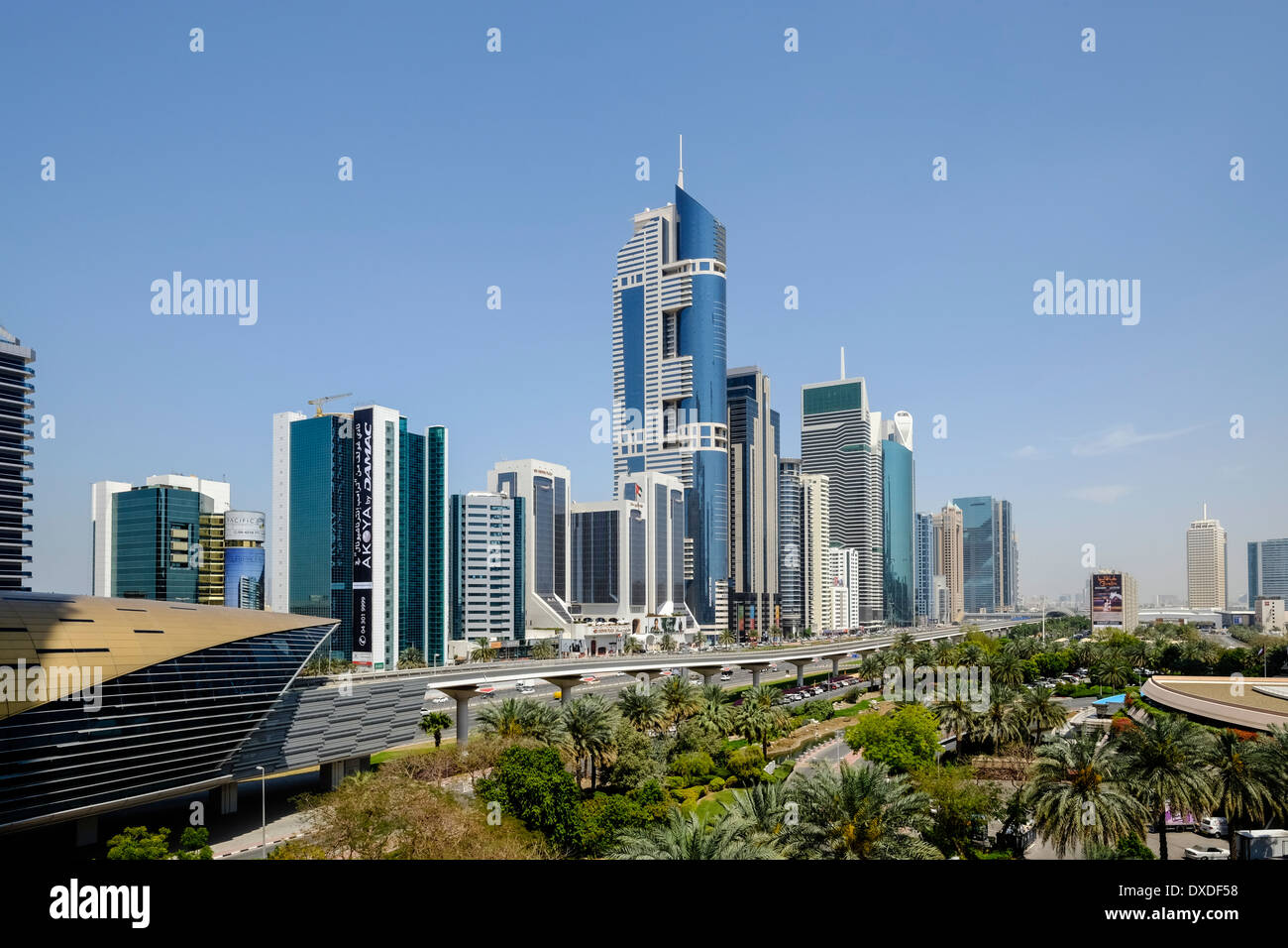 Daytime skyline view along skyscrapers on Sheikh Zayed Road in Dubai ...