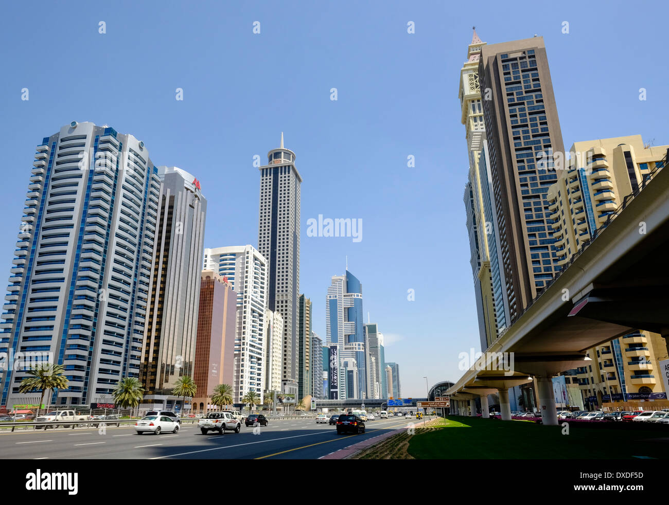 Daytime skyline view along skyscrapers on Sheikh Zayed Road in Dubai ...