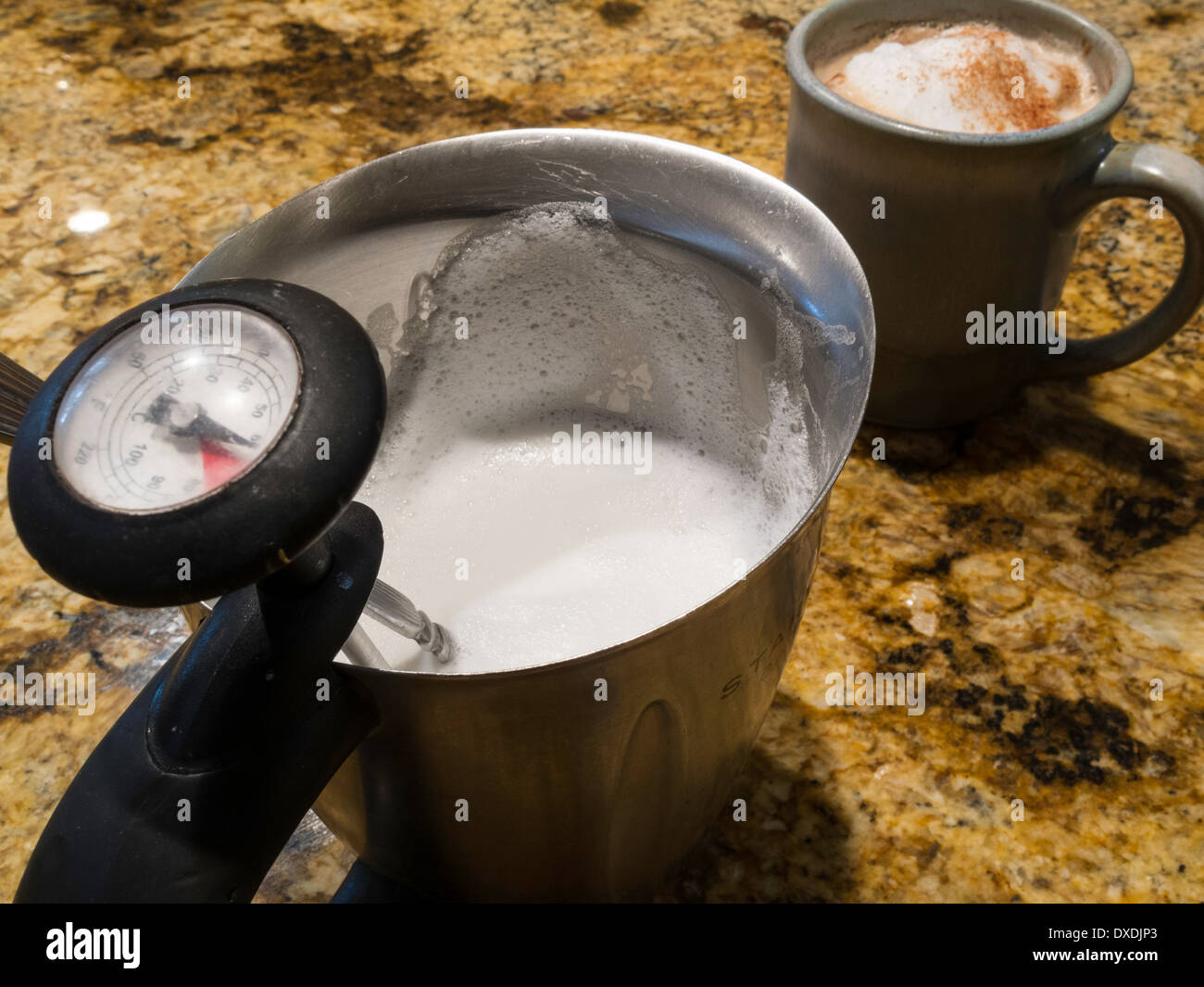 Still Life of Latte Preparation with Mug, Bowl and Frothing Thermometer ...