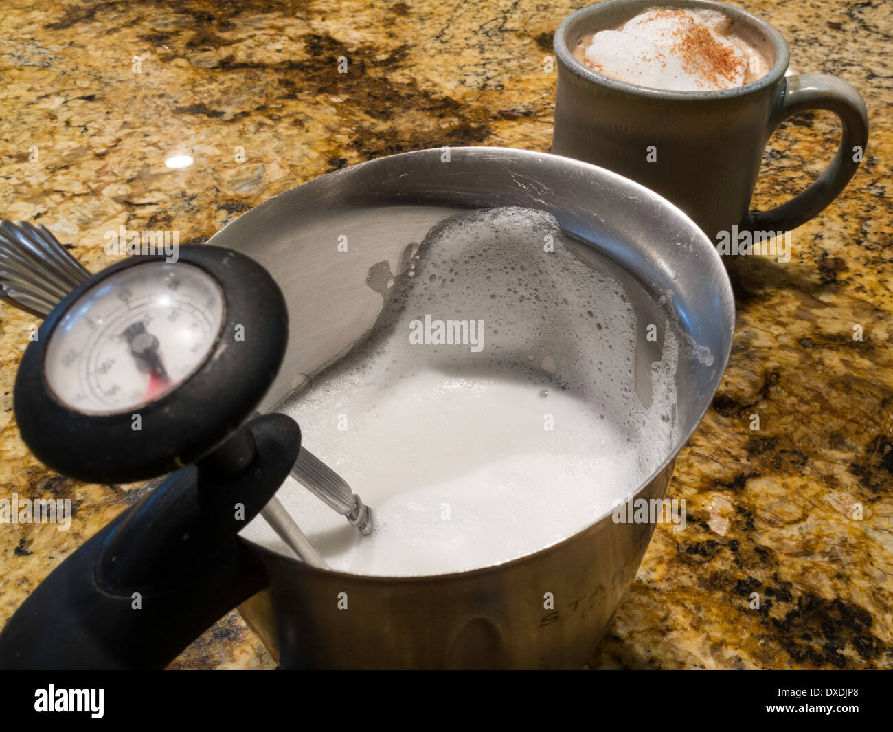 Still Life of Latte Preparation with Mug, Bowl and Frothing Thermometer ...