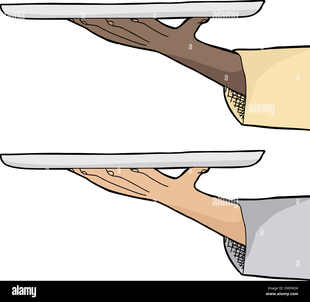 Hand holding metal tray over white background Stock Photo - Alamy