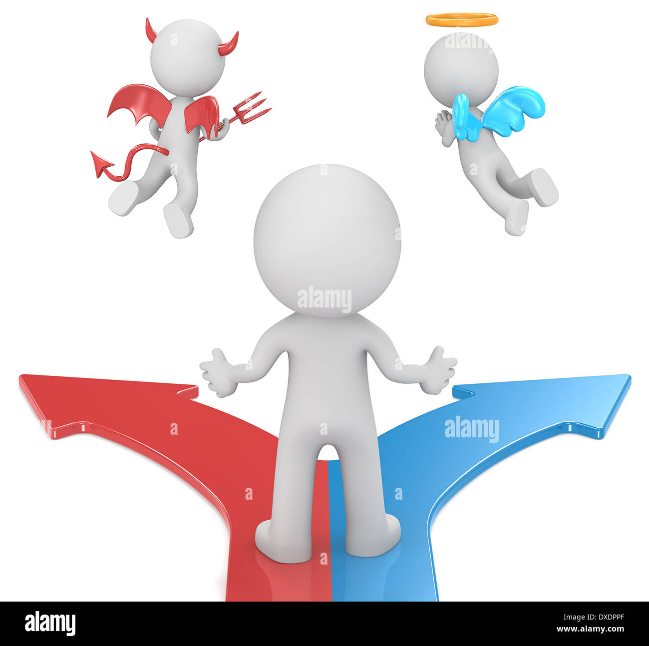 The Dude in front of 2 way road with Angel and Devil. 3D little human ...