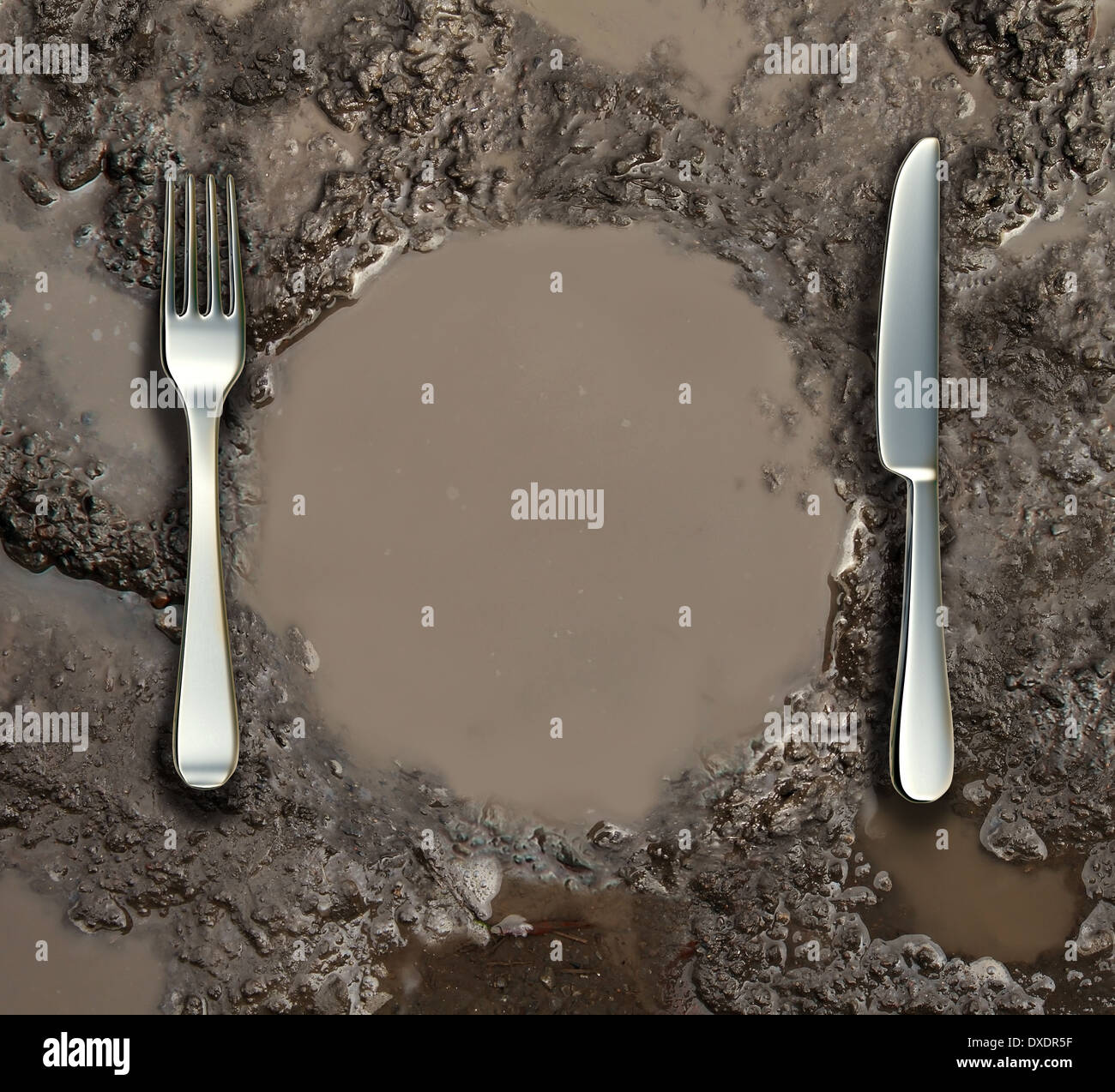 Food sanitation concept and global poverty symbol as a wet ground with ...