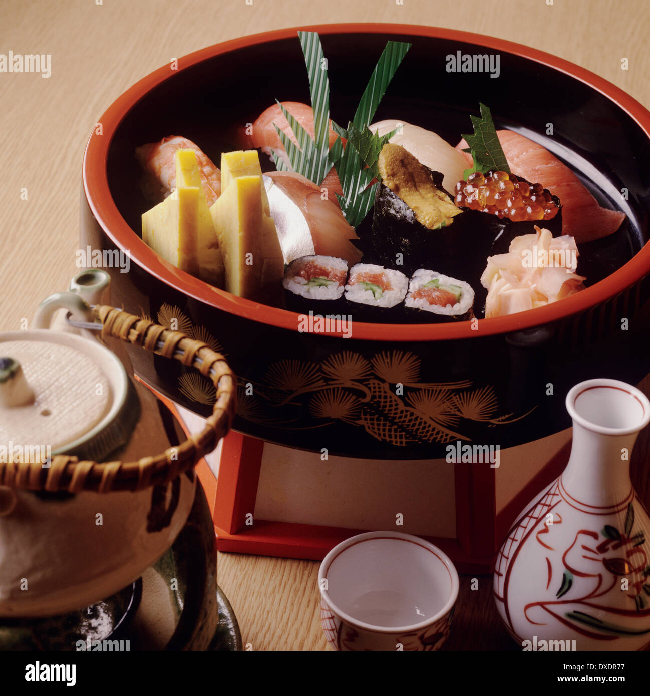 Asian Cuisine, sushi, set sashimi, raw fish, raw seafood, Japanese, tea ...