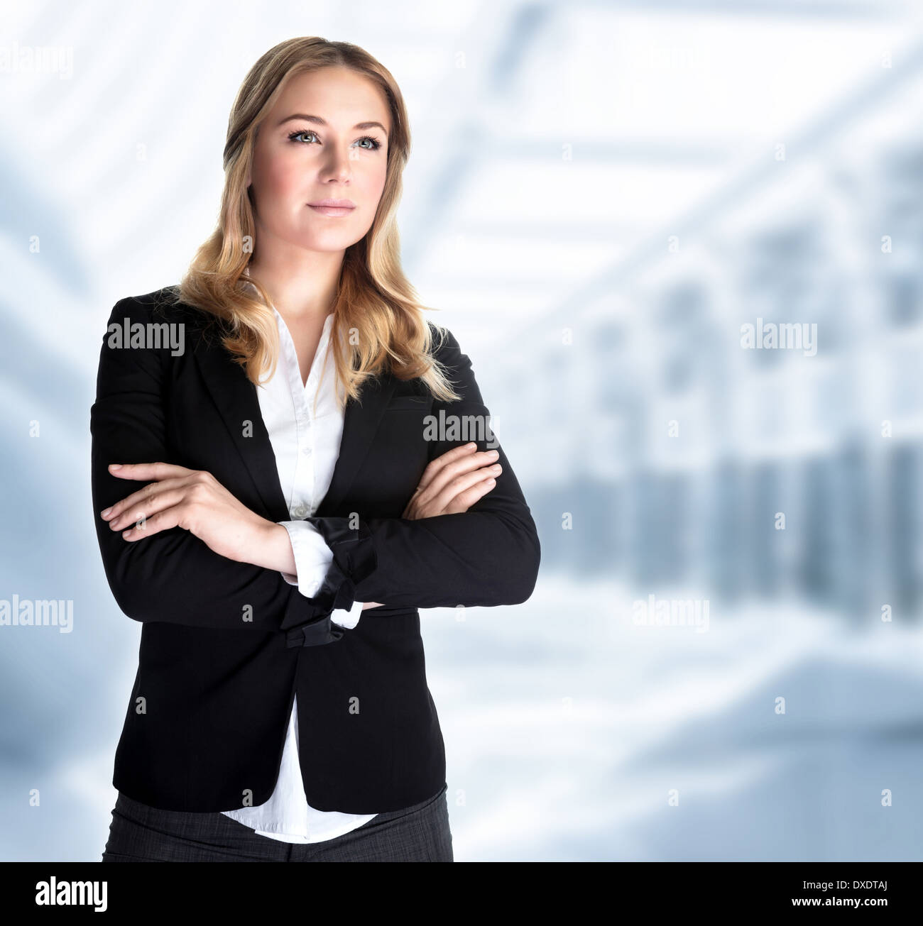 Serious business woman in the office, modern building of great ...