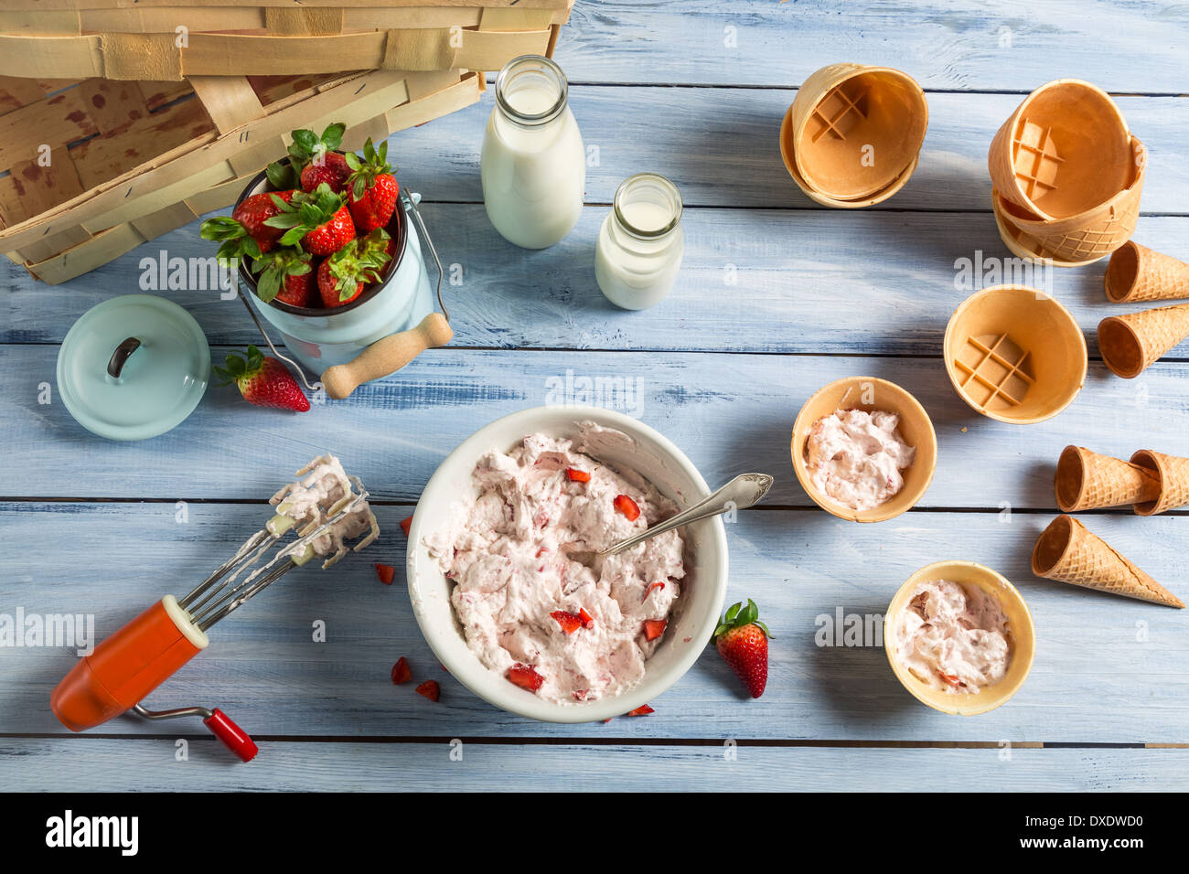 Homemade production line of strawberry ice cream Stock Photo - Alamy