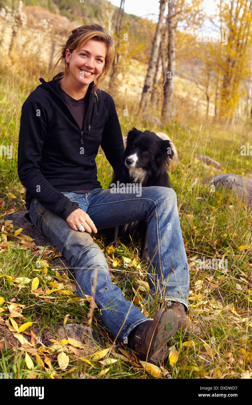Portrait of woman with her collie outdoors, Colorado, USA Stock Photo ...